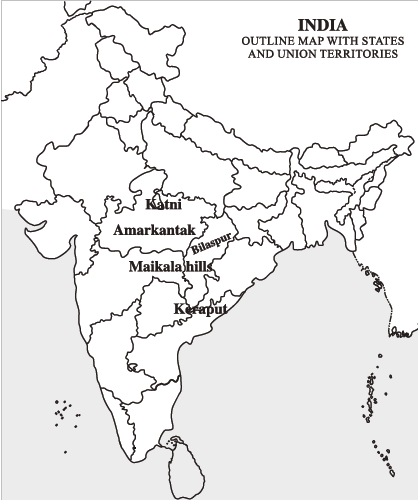 Locate the mines of Bauxite on the physical map of India