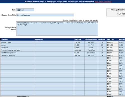 Free Construction Change Order Form for Excel or Google Sheets