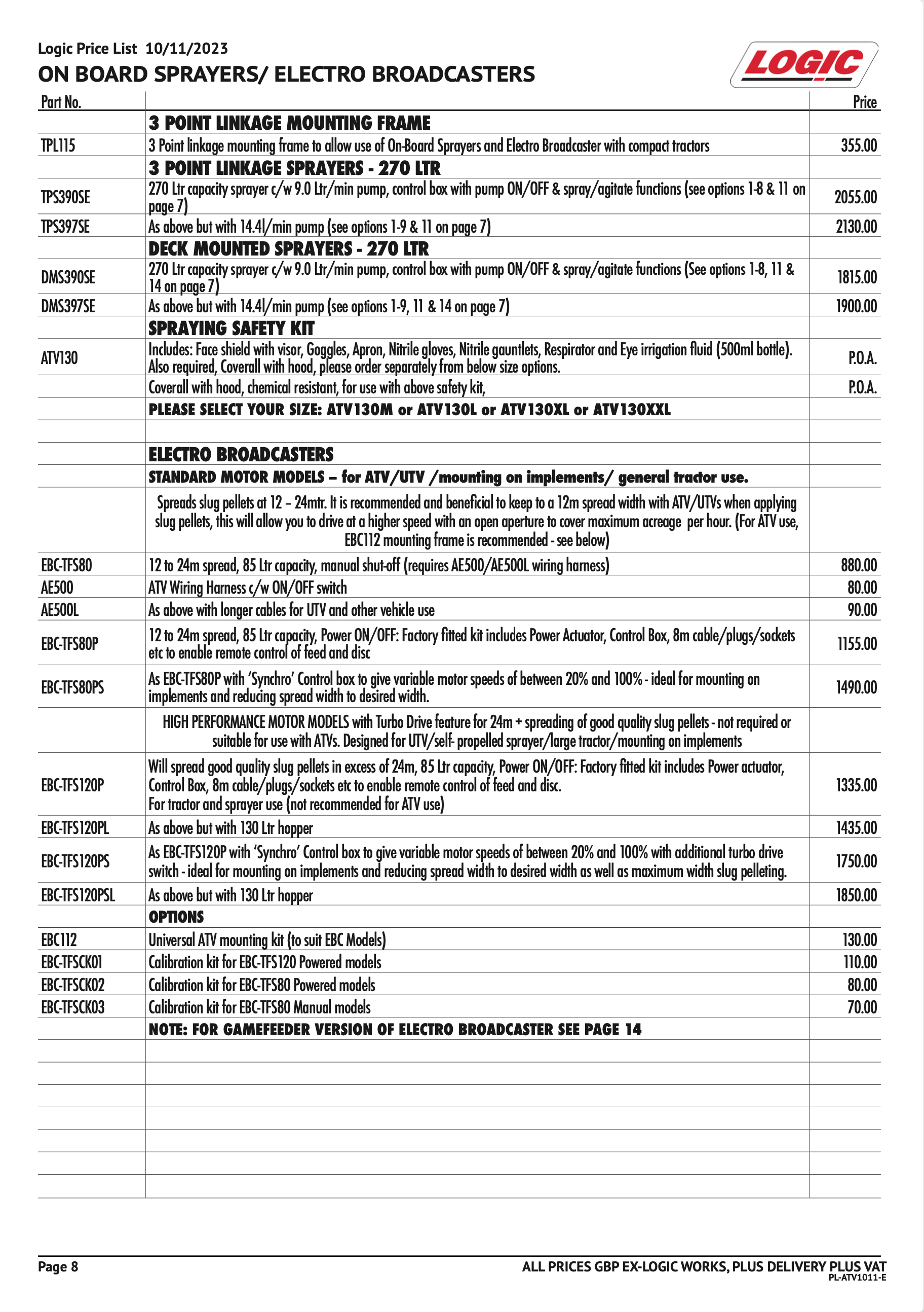 Logic Manufacturing PRICE LIST - Sprayers/Broadcasters 02 brochure