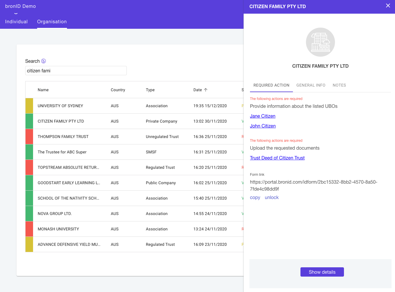 Interpreting the verification status when verifying an organisation