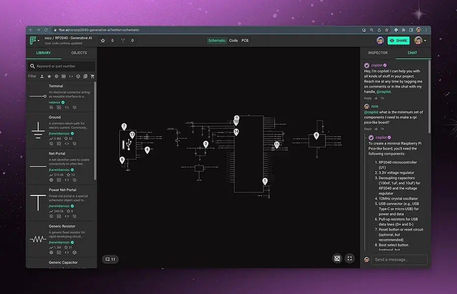 Raspberry Pi Pico Schematic in 20 minutes using Flux Copilot