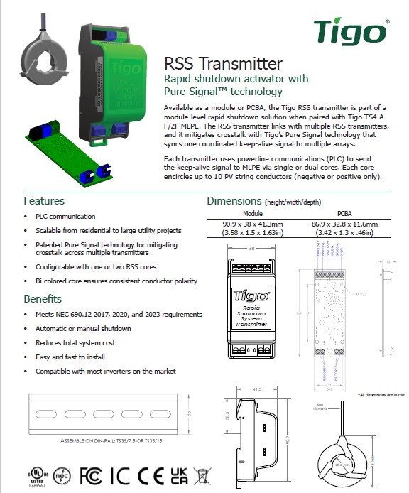 Datasheet: RSS Transmitter with Pure Signal technology and PCBA | Tigo Energy Downloads