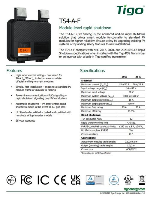 Datasheet: TS4-A-F (Fire Safety) | Tigo Energy Downloads