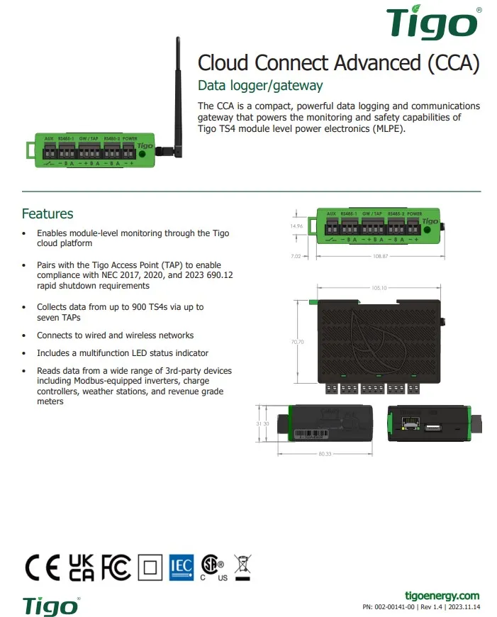 Ficha técnica: Cloud Connect Advanced (CCA) | Downloads da Tigo Energy