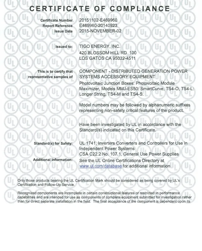 认证：UL1741 产品安全认证，美国和加拿大 TS4-M、-S、-O、-L | Tigo Energy Downloads