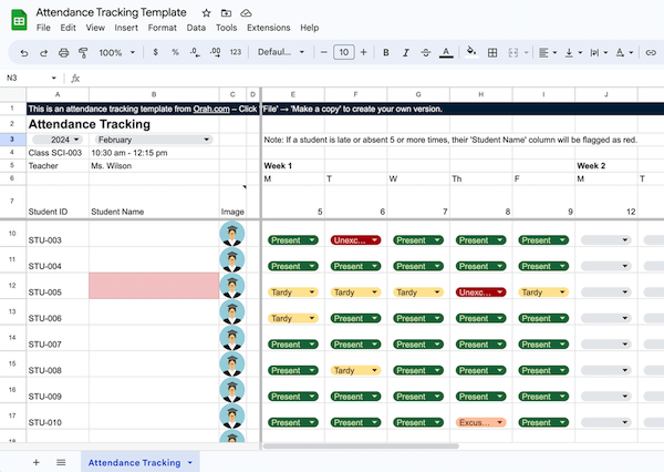 Attendance Sheet | Google Sheets Template | Orah Templates