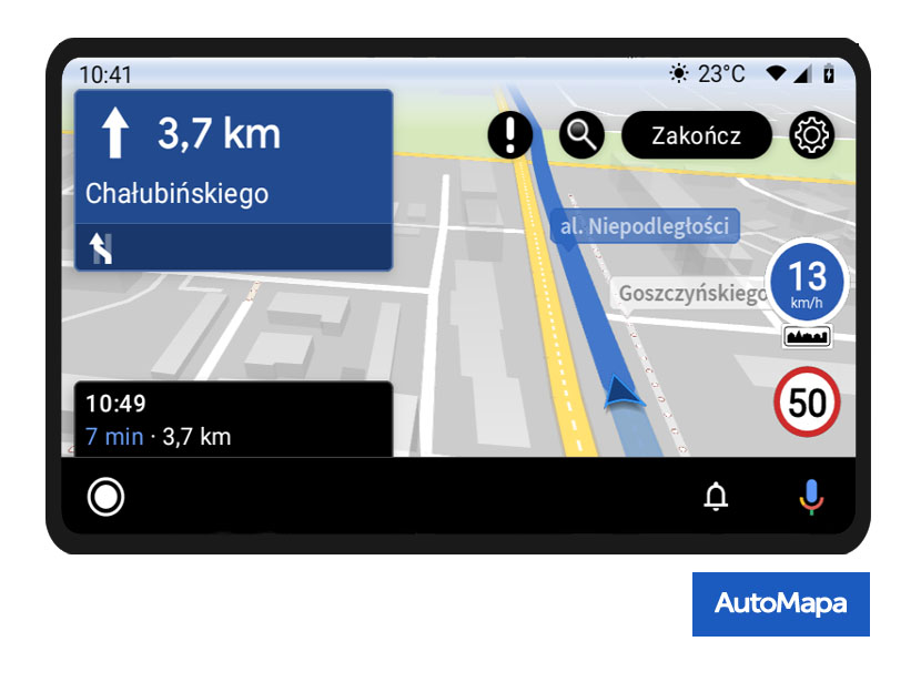 AutoMapa ostrzega o patrolach i radarach w Android Auto.