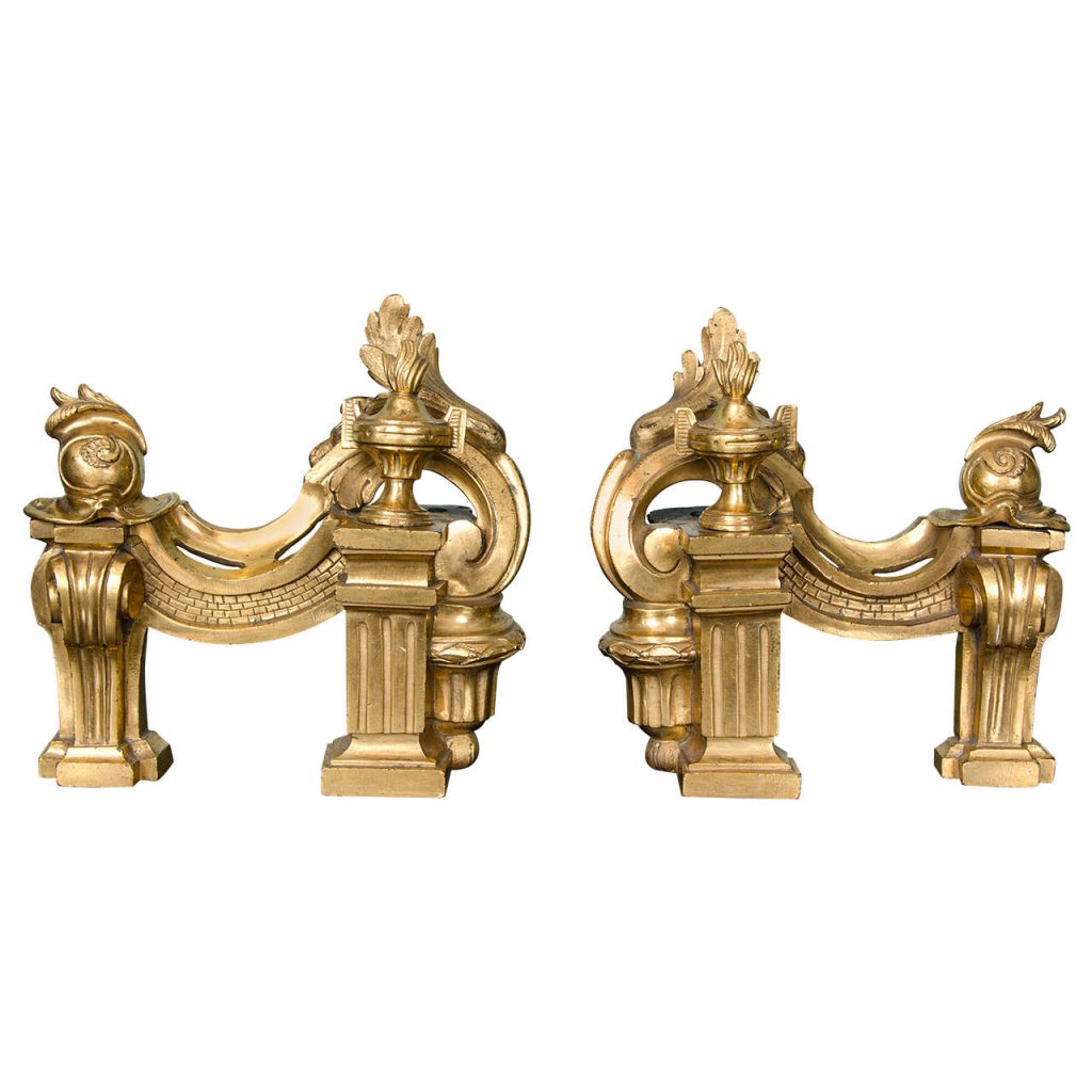 Pair of Louis XVI 18th Century French Gilt Bronze Fire Dogs