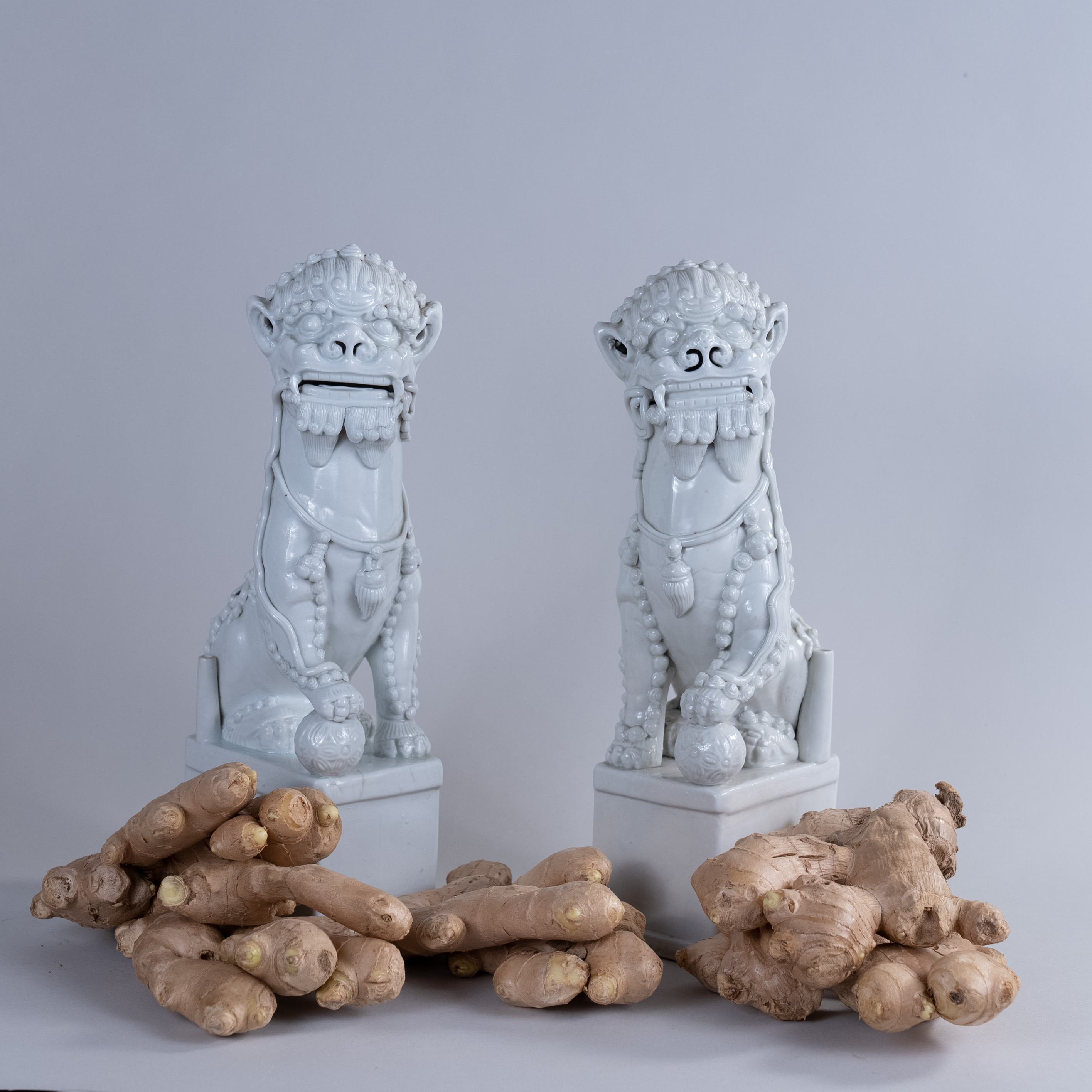 Exceptional Pair of Blanc De Chine Foh Dogs, circa 1620