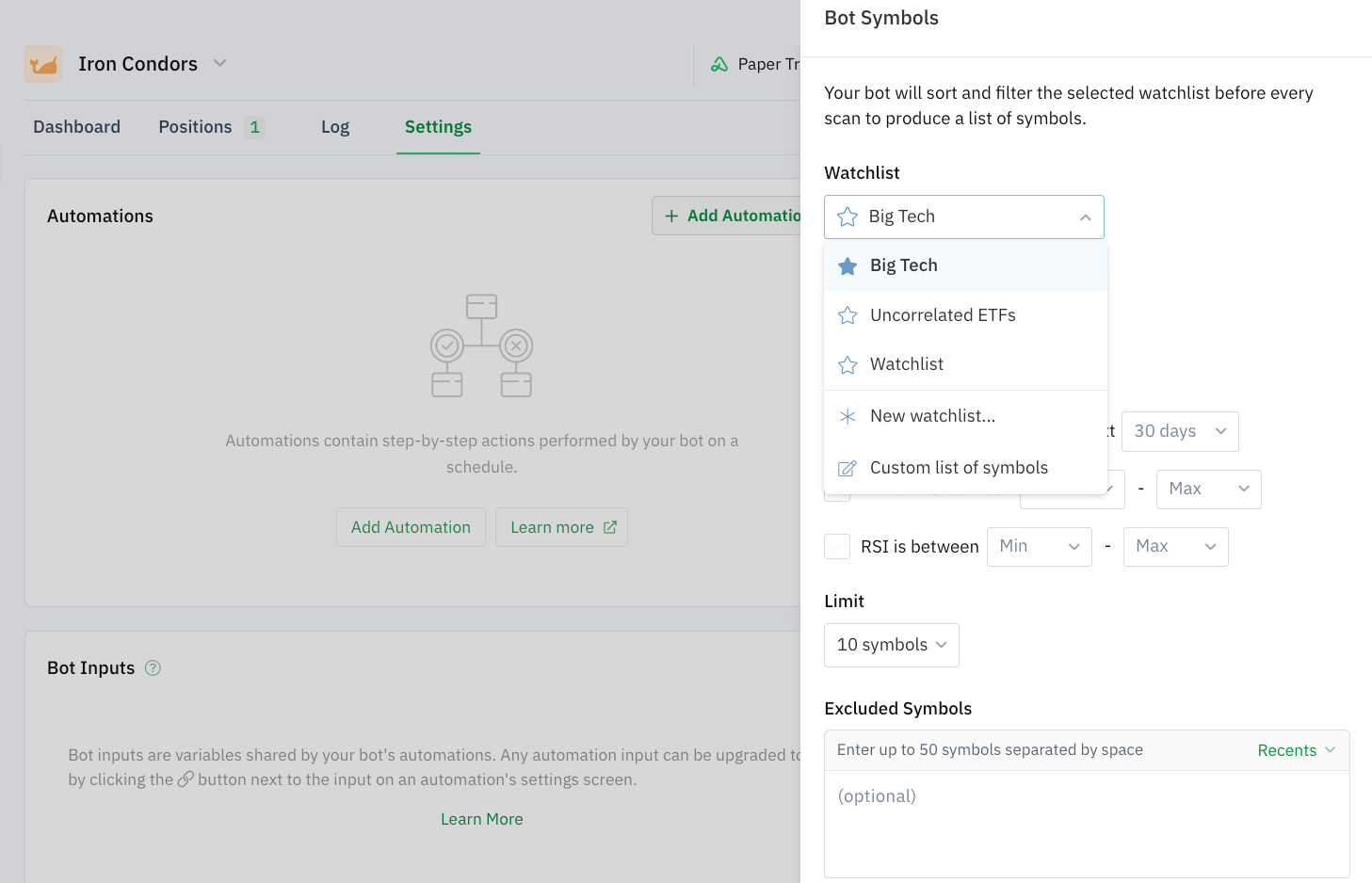 Bot Symbols & Custom Shareable Watchlists