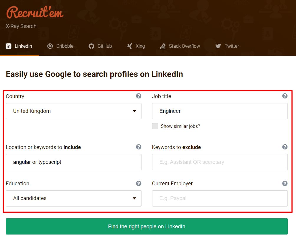Recruitin (Recruit'em): Boolean X-ray search generator
