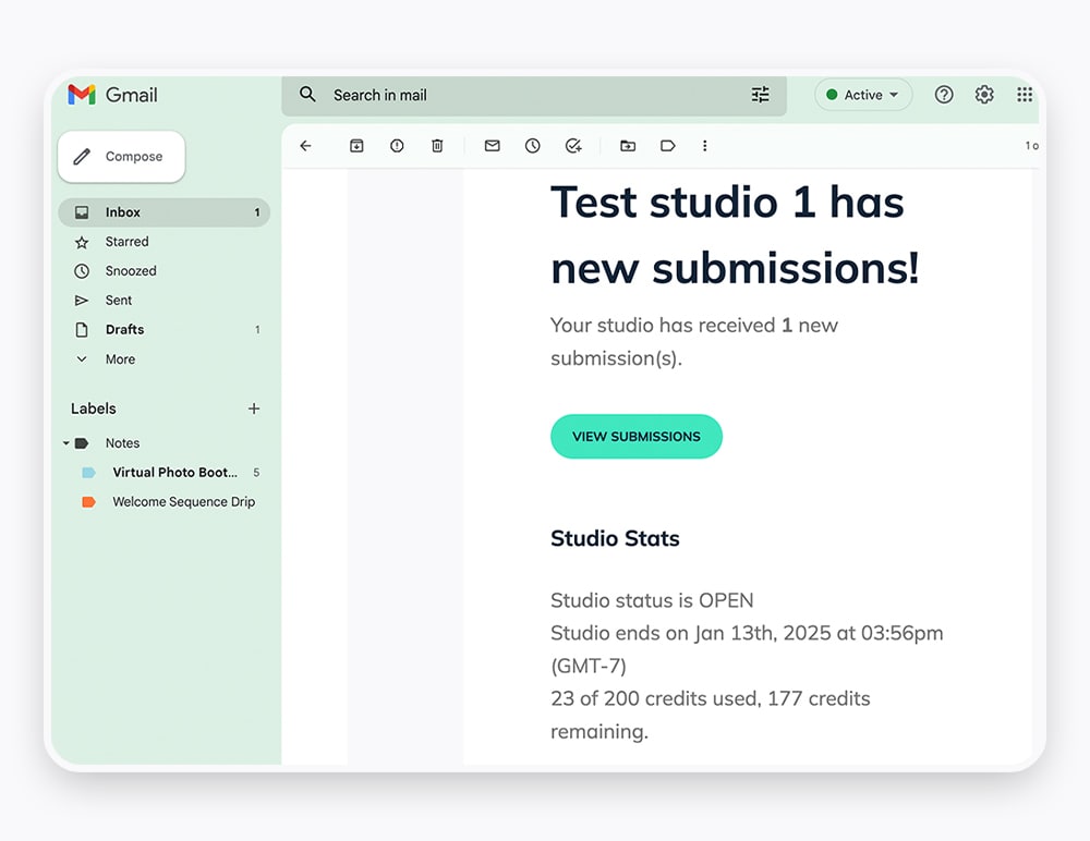 Studio - Virtual Headshots Feature: Email Notifications