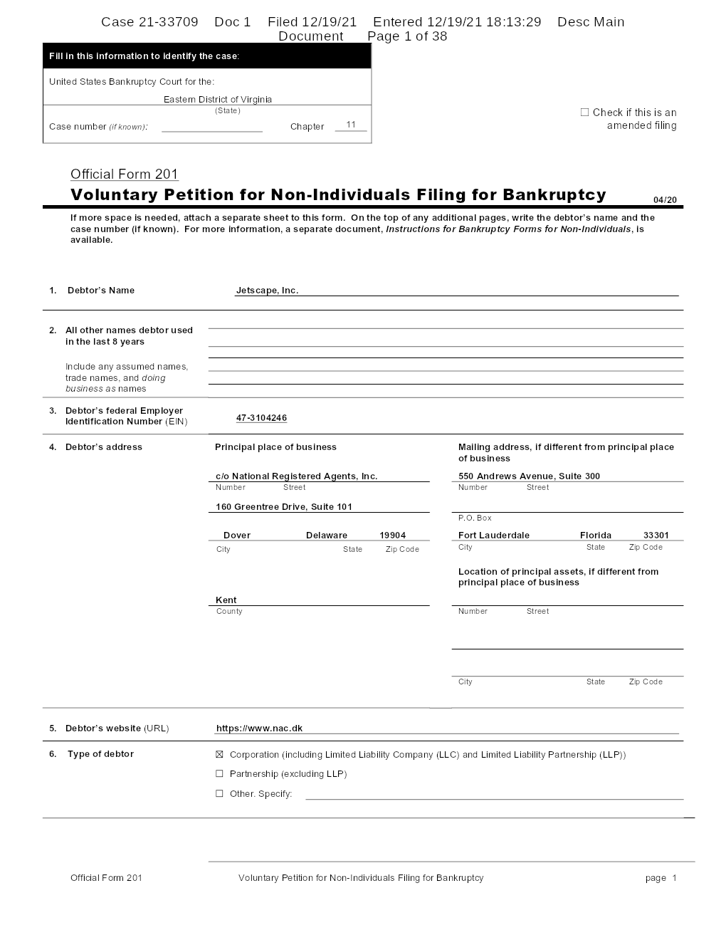 Jetscape, Inc. | Free Bankruptcy Petition- Chapter 11 Filing Eastern ...