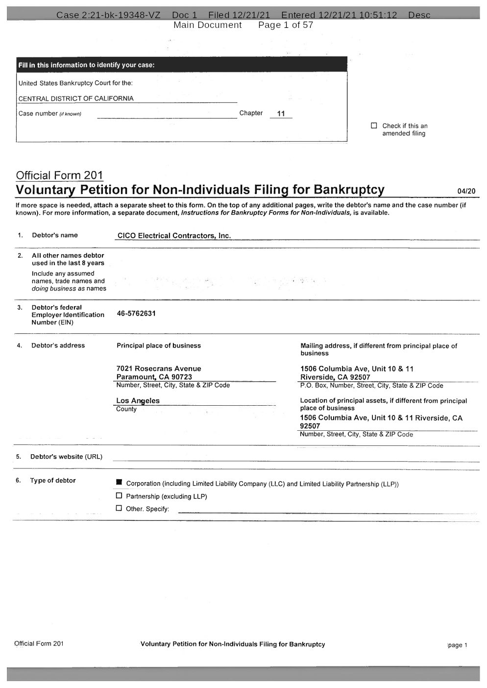 CICO Electrical Contractors, Inc. | Free Bankruptcy Petition- Chapter ...