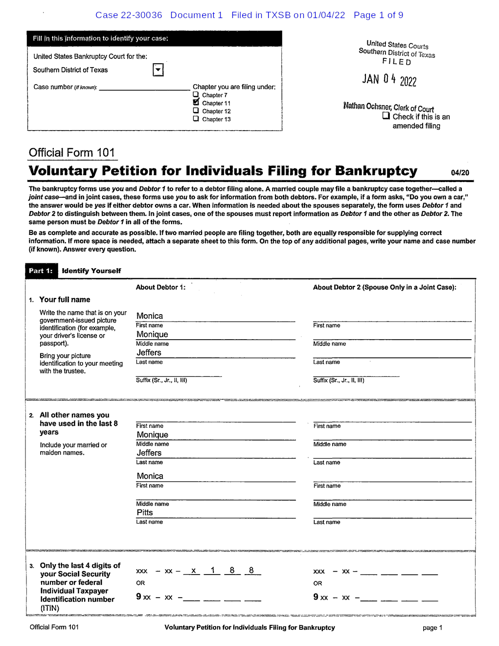 Monica Monique Jeffers | Free Bankruptcy Petition- Chapter 11 Filing ...