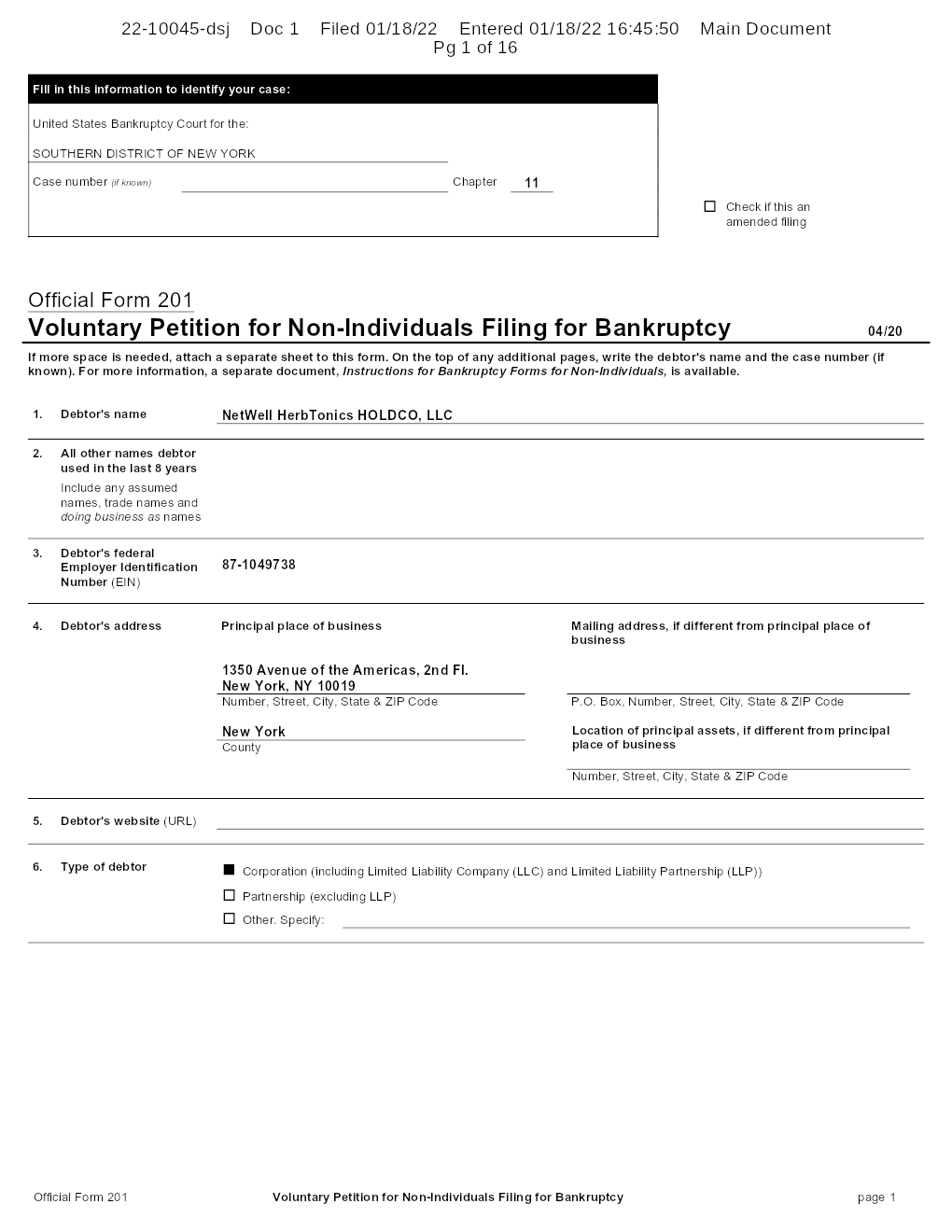 NetWell HerbTonics HOLDCO, LLC | Free Bankruptcy Petition- Chapter 11 ...