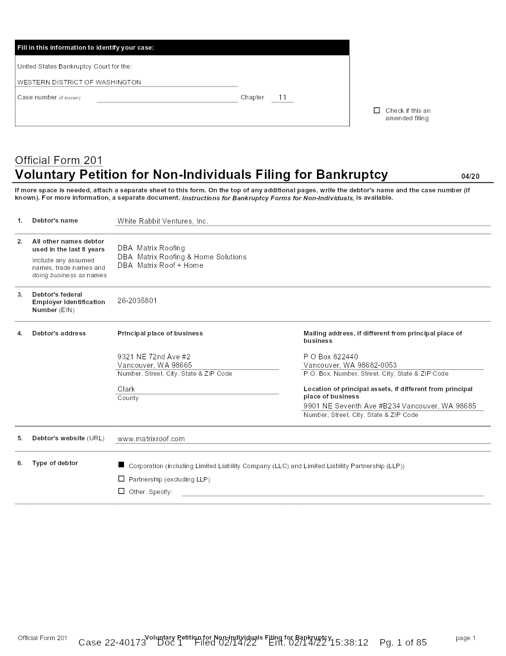 White Rabbit Ventures, Inc. | Free Bankruptcy Petition- Chapter 11 ...
