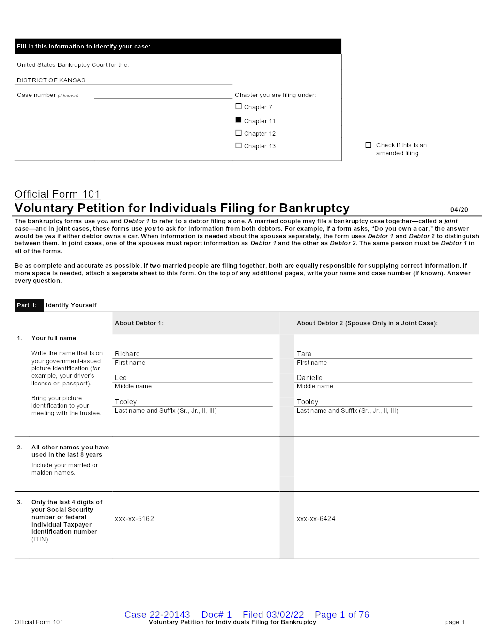 Richard Lee Tooley and Tara Danielle Tooley | Free Bankruptcy Petition ...