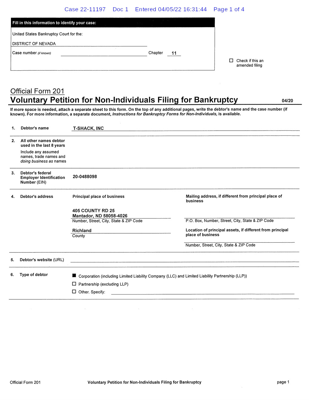 T-SHACK, INC | Free Bankruptcy Petition- Chapter 11 Filing District of ...