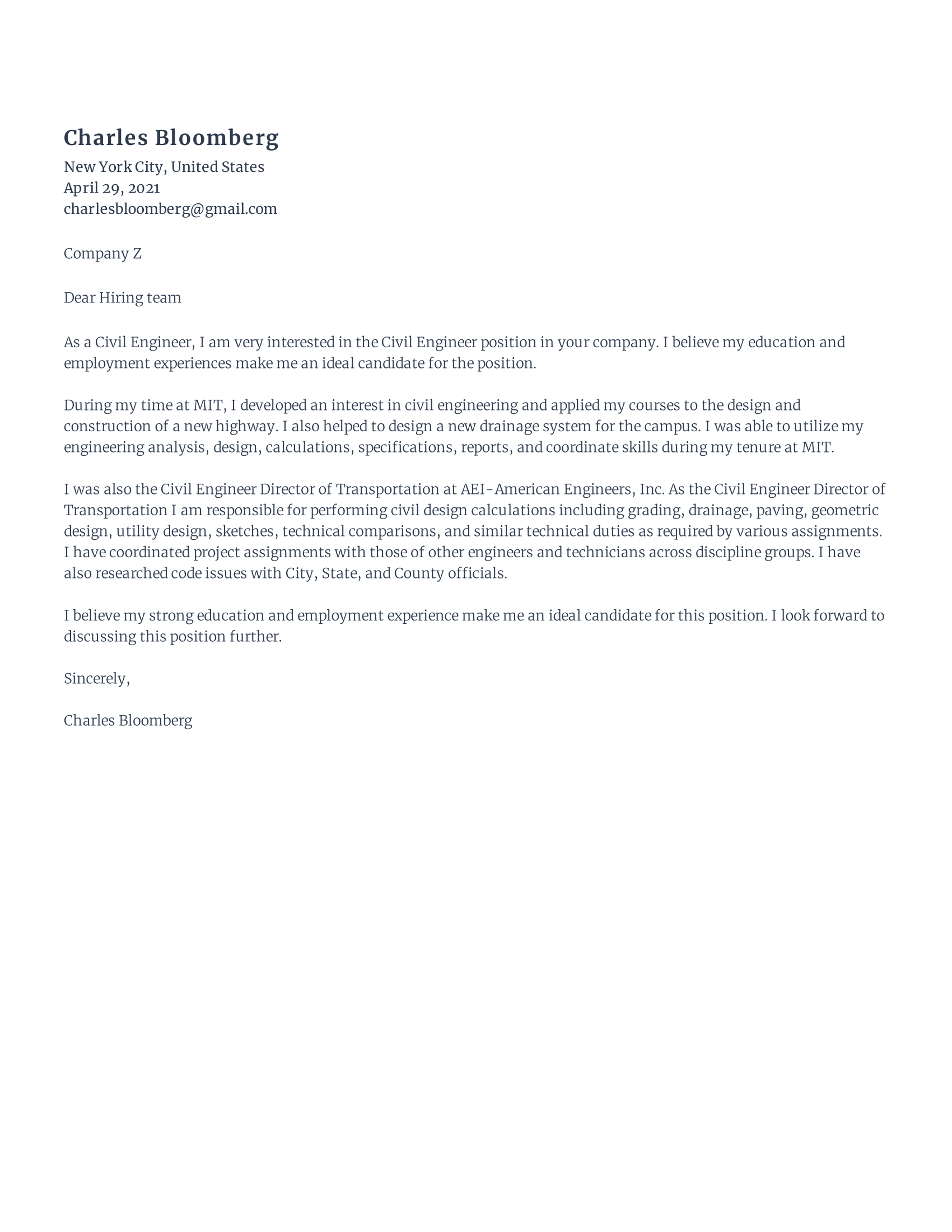 Rezi Civil Engineer Cover Letter Template