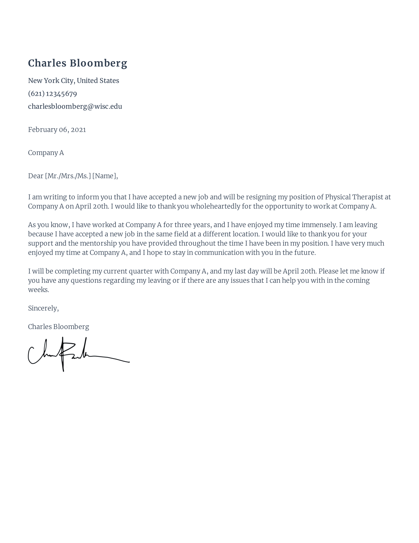 Rezi Physical Therapy Resignation Letter Template