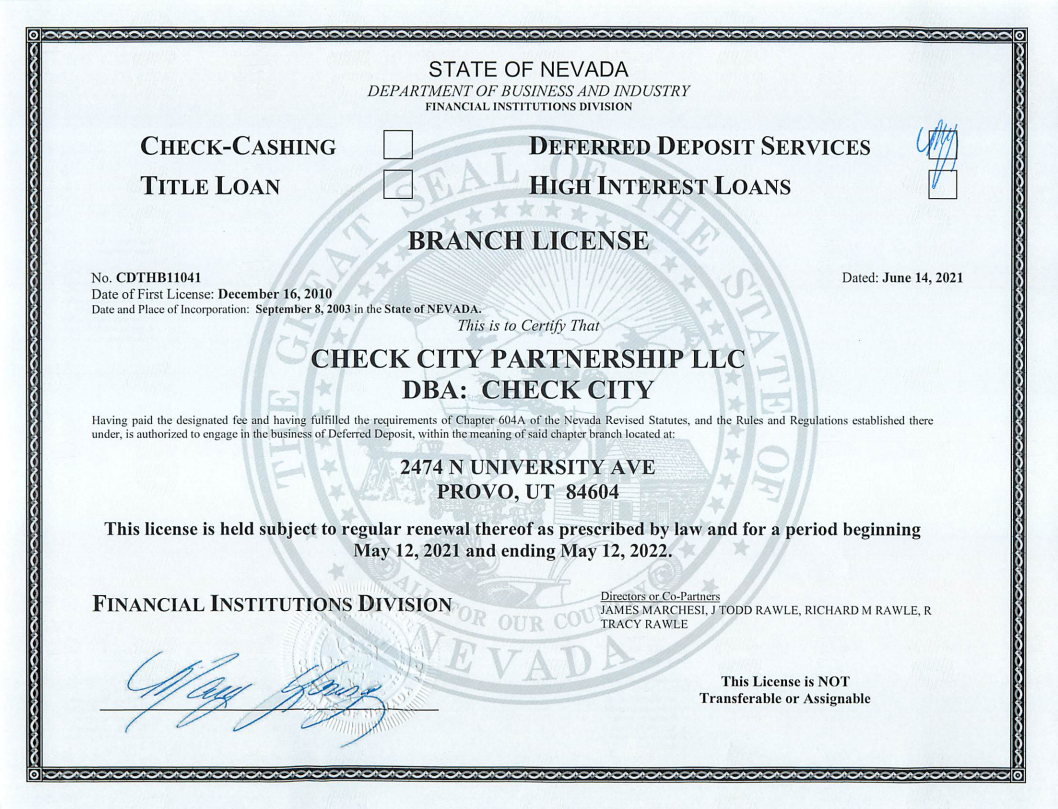 Rates and Fees | Nevada | Check City