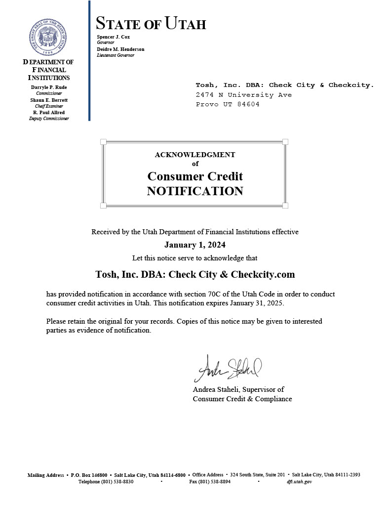 Rates and Fees | Utah | Check City