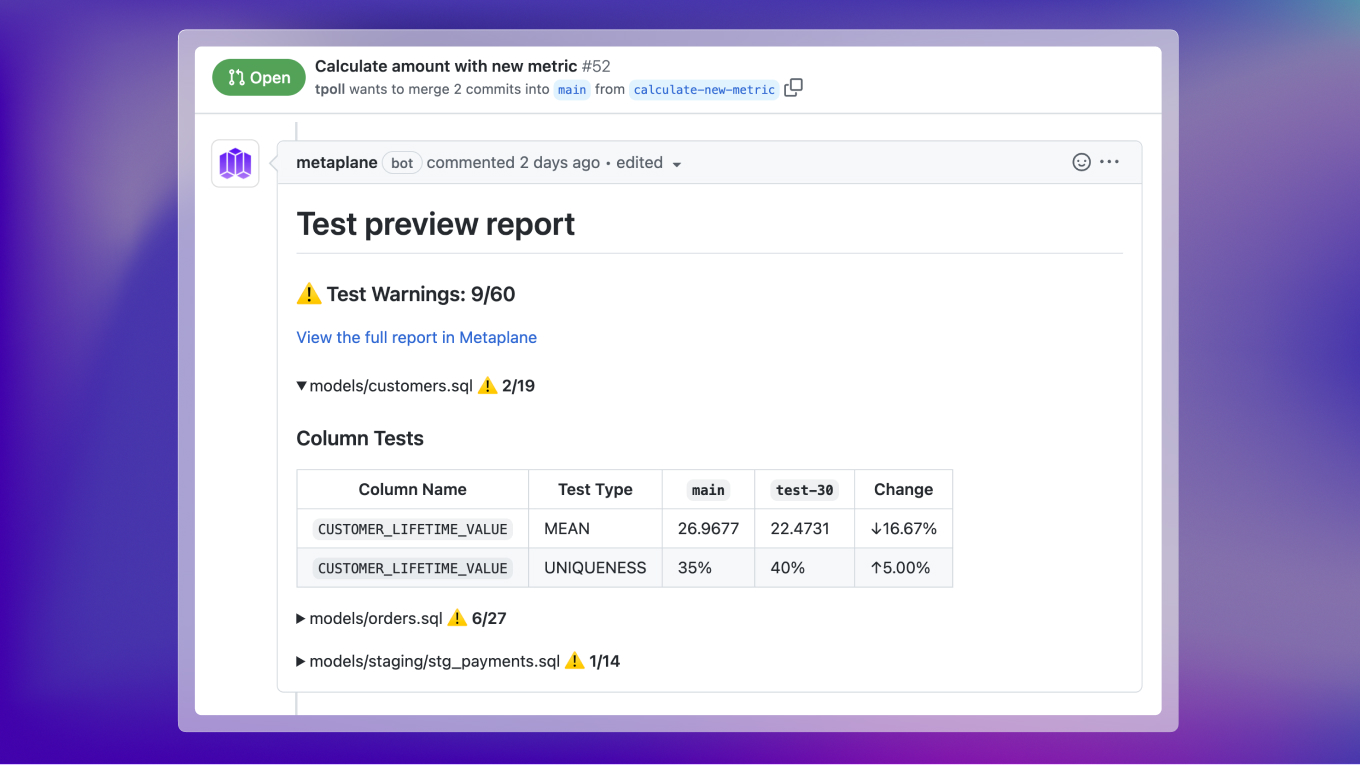 Announcing Data Test Previews in Pull Requests | Metaplane