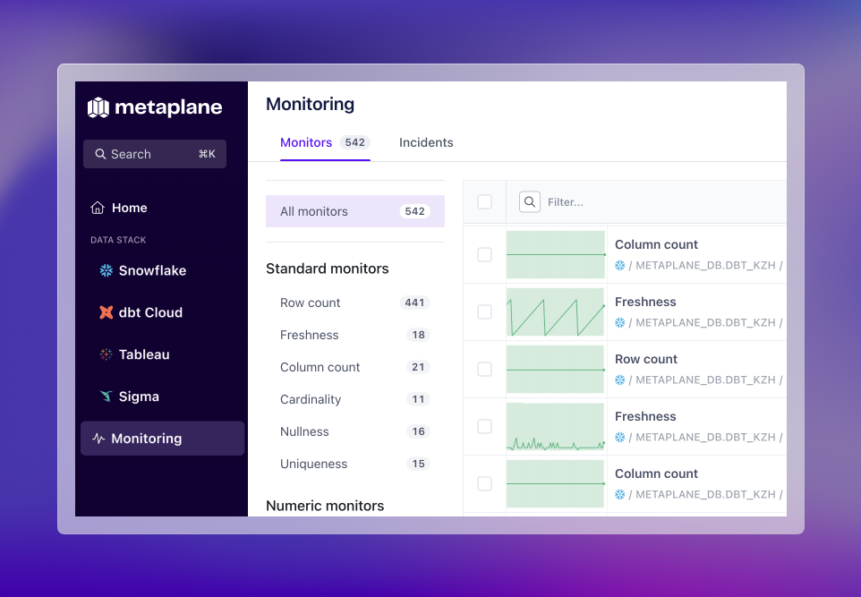 New monitoring page | Metaplane