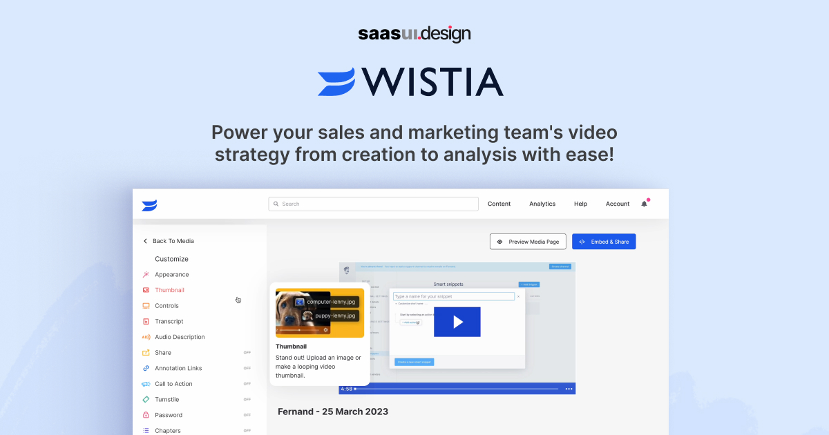 Wistia | UI, UX Design | SaaS | Application Design | saas ui