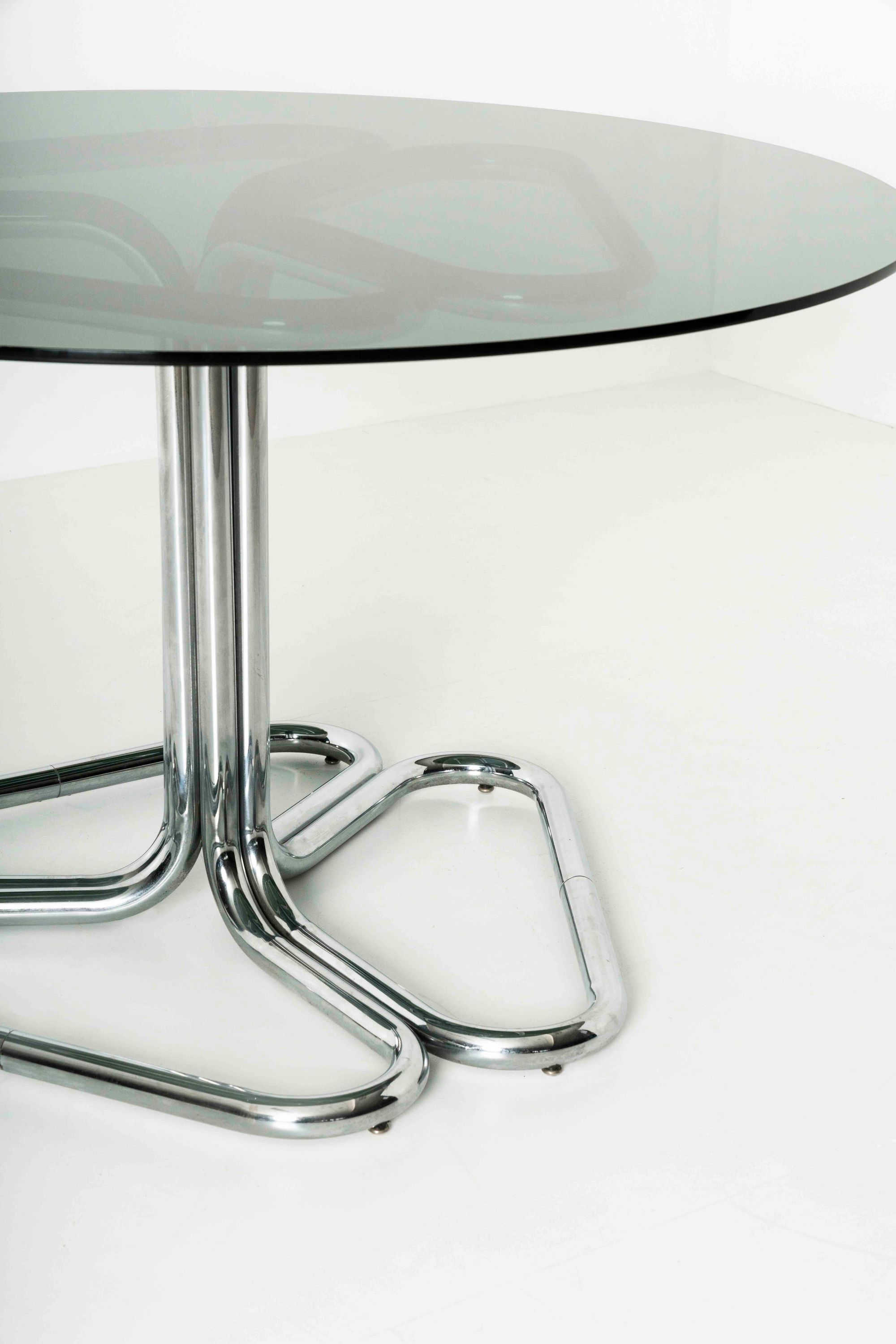Tubular Dining Room Table in Chrome and Smoked Glass by Giotto Stoppino ...