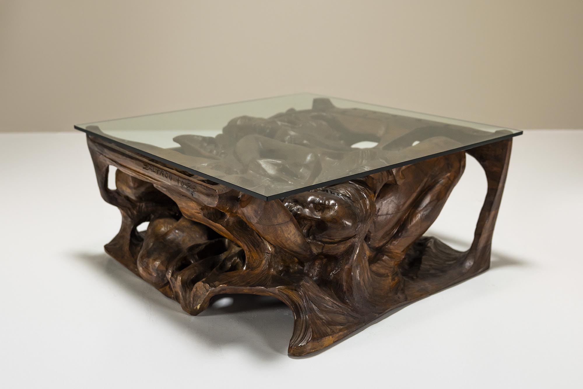 Sculptural Coffee Table with Human Figures in Wood and Glass by Gian ...