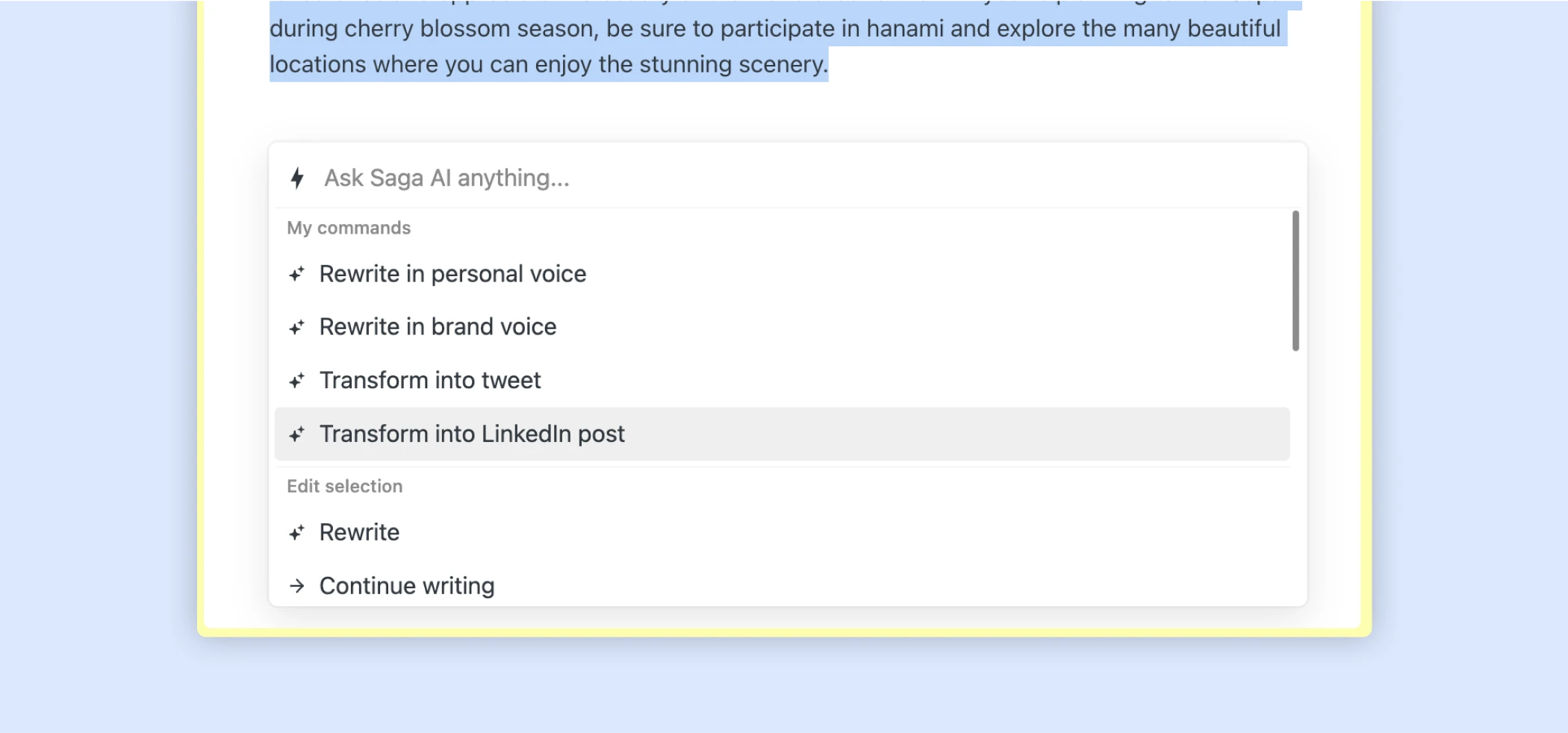 Custom AI Commands & Prompts | Saga Guides