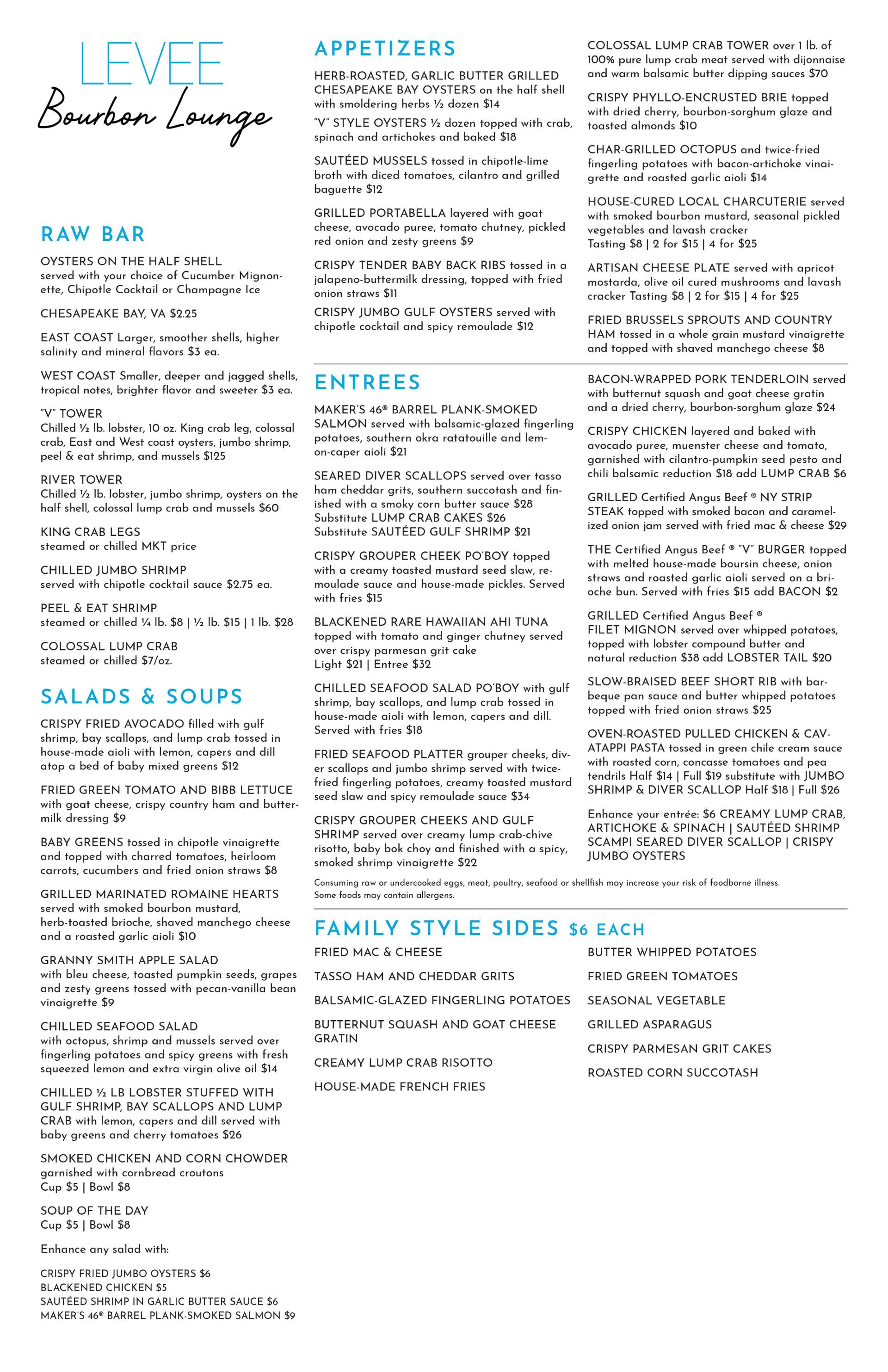 Dinner Menu - Levee Bourbon Lounge