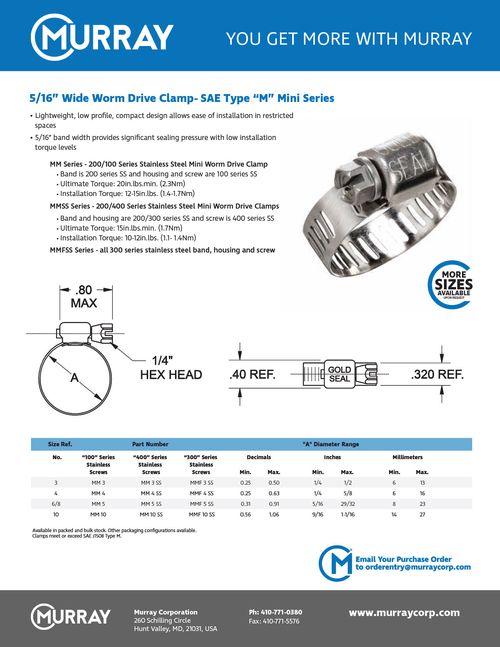 5/16" Type M Clamps - Stainless Steel Worm Drive Clamps
