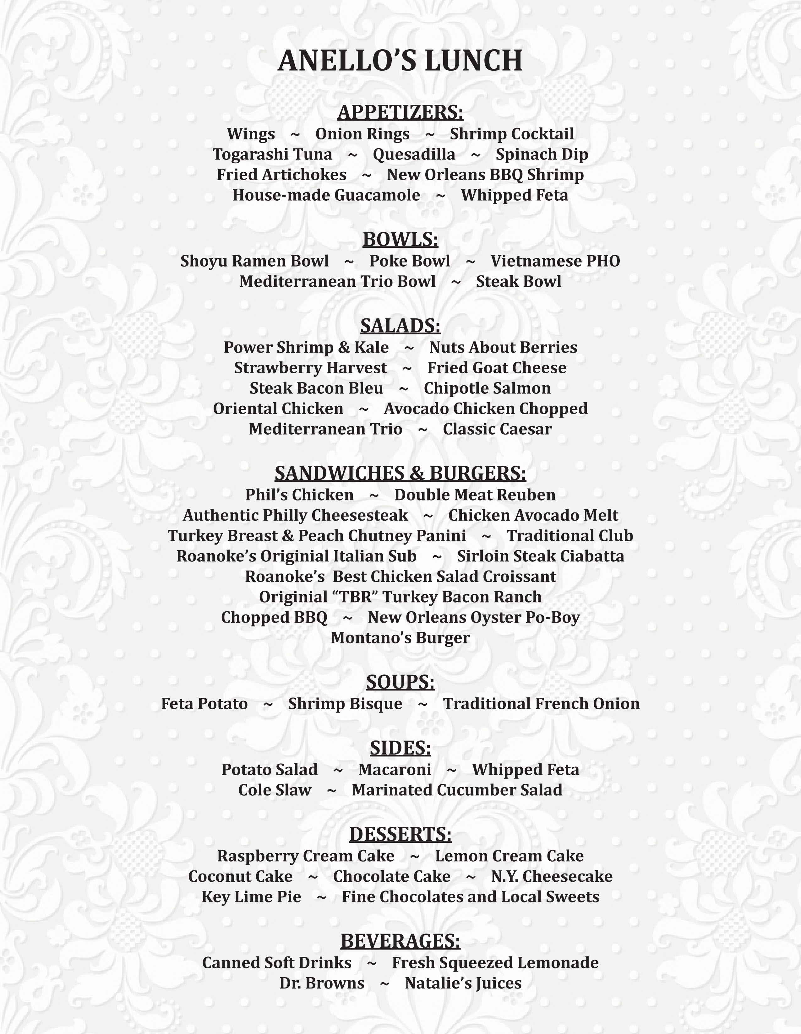 Montano's Anellos Menu