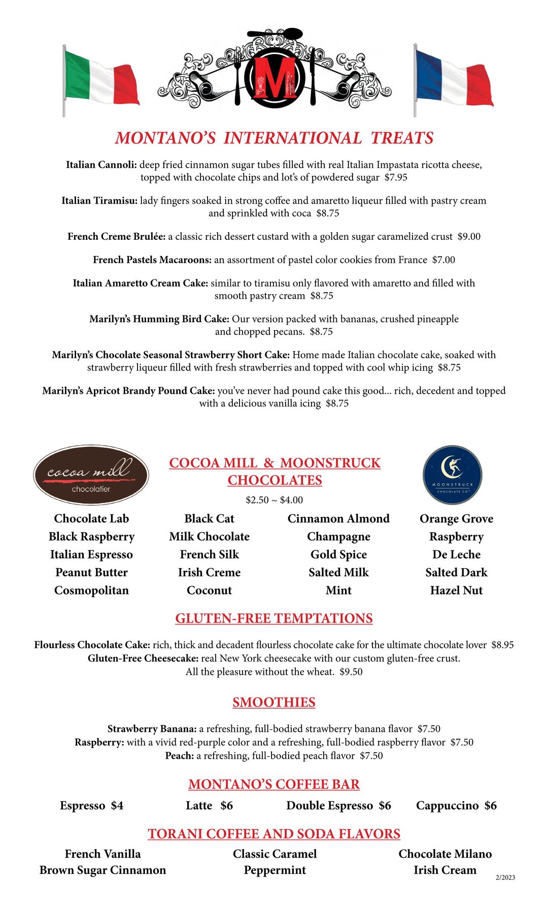 Montano's Southern Sweets & International Treats Menu