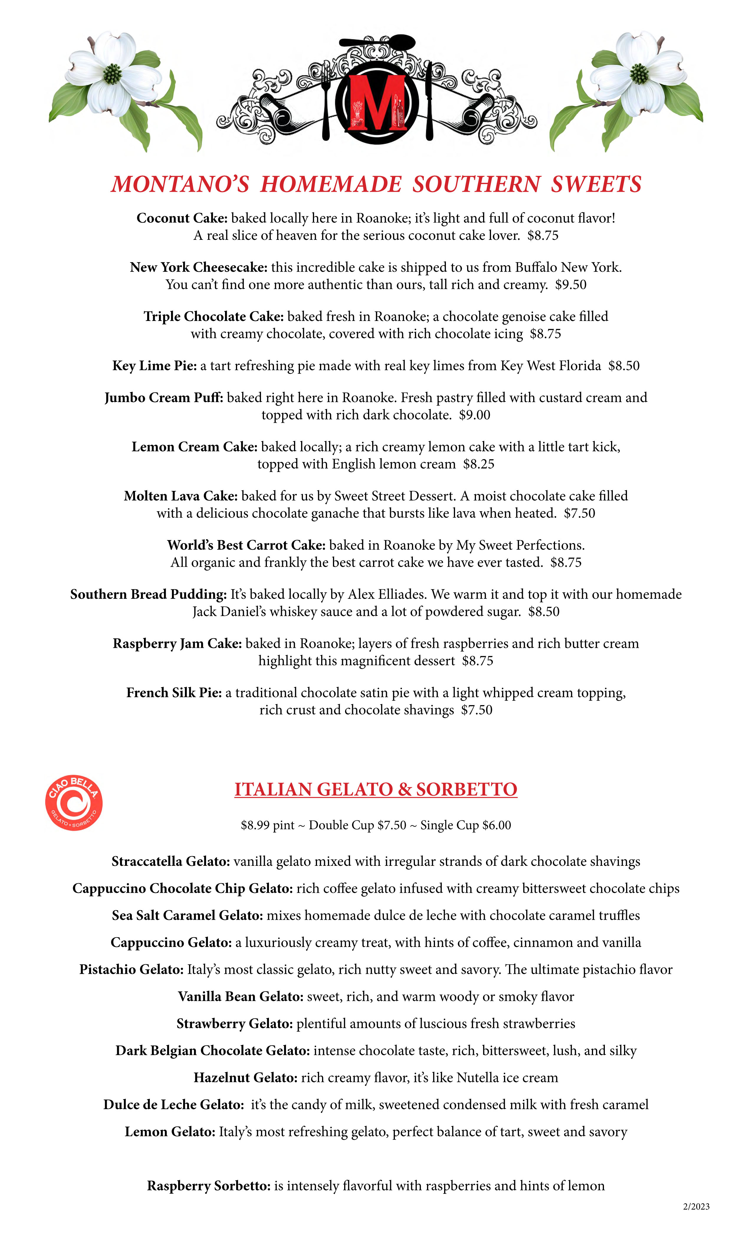 Montano's Southern Sweets & International Treats Menu