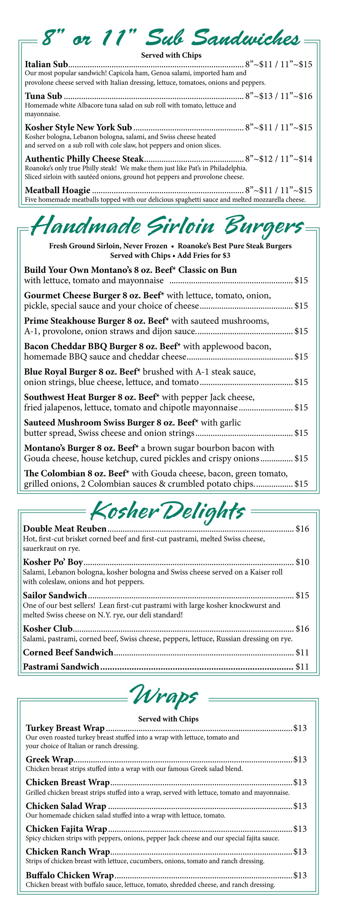 Montano's Lunch Menu