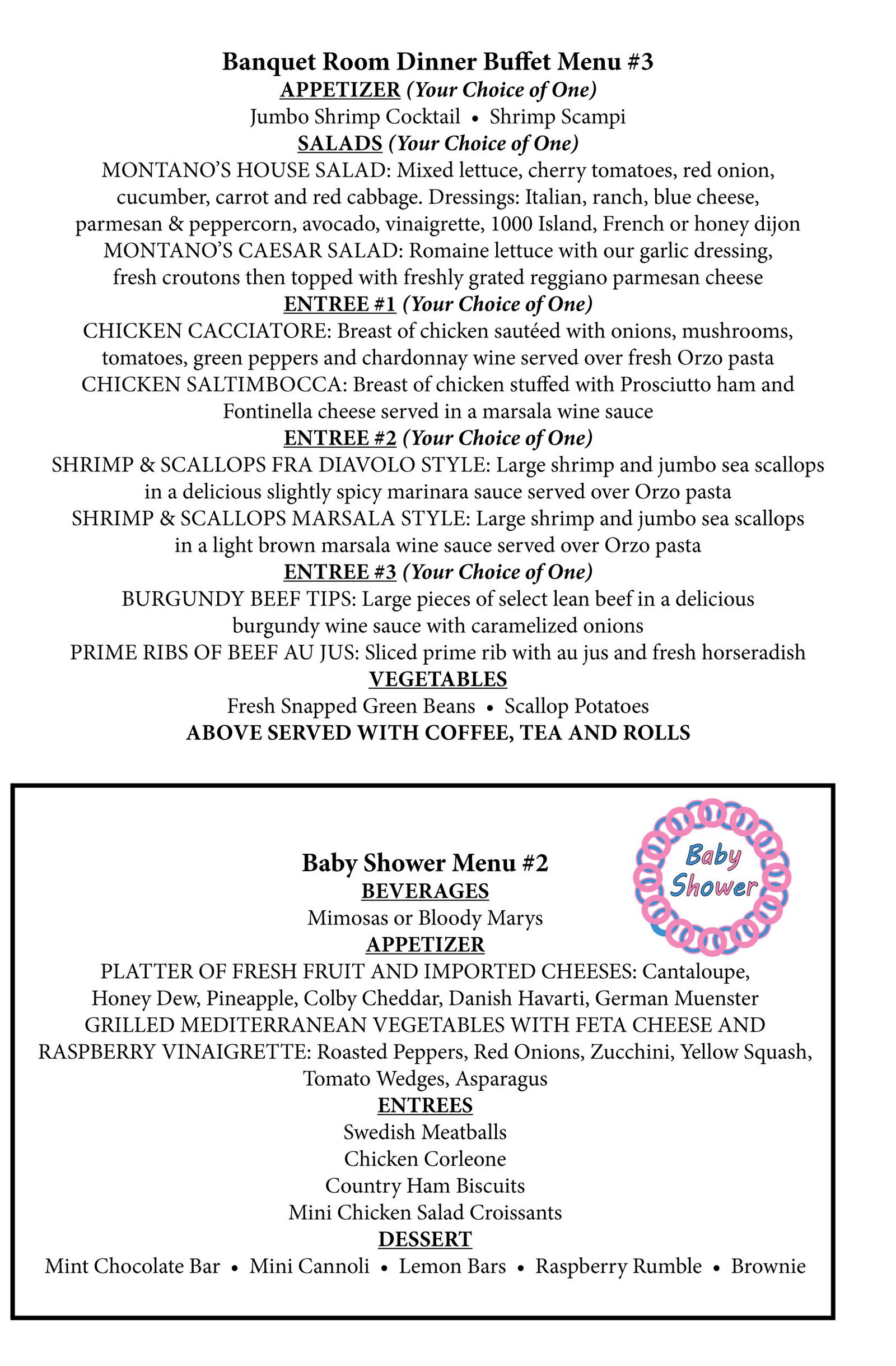 Montano's Banquet Menu Menu