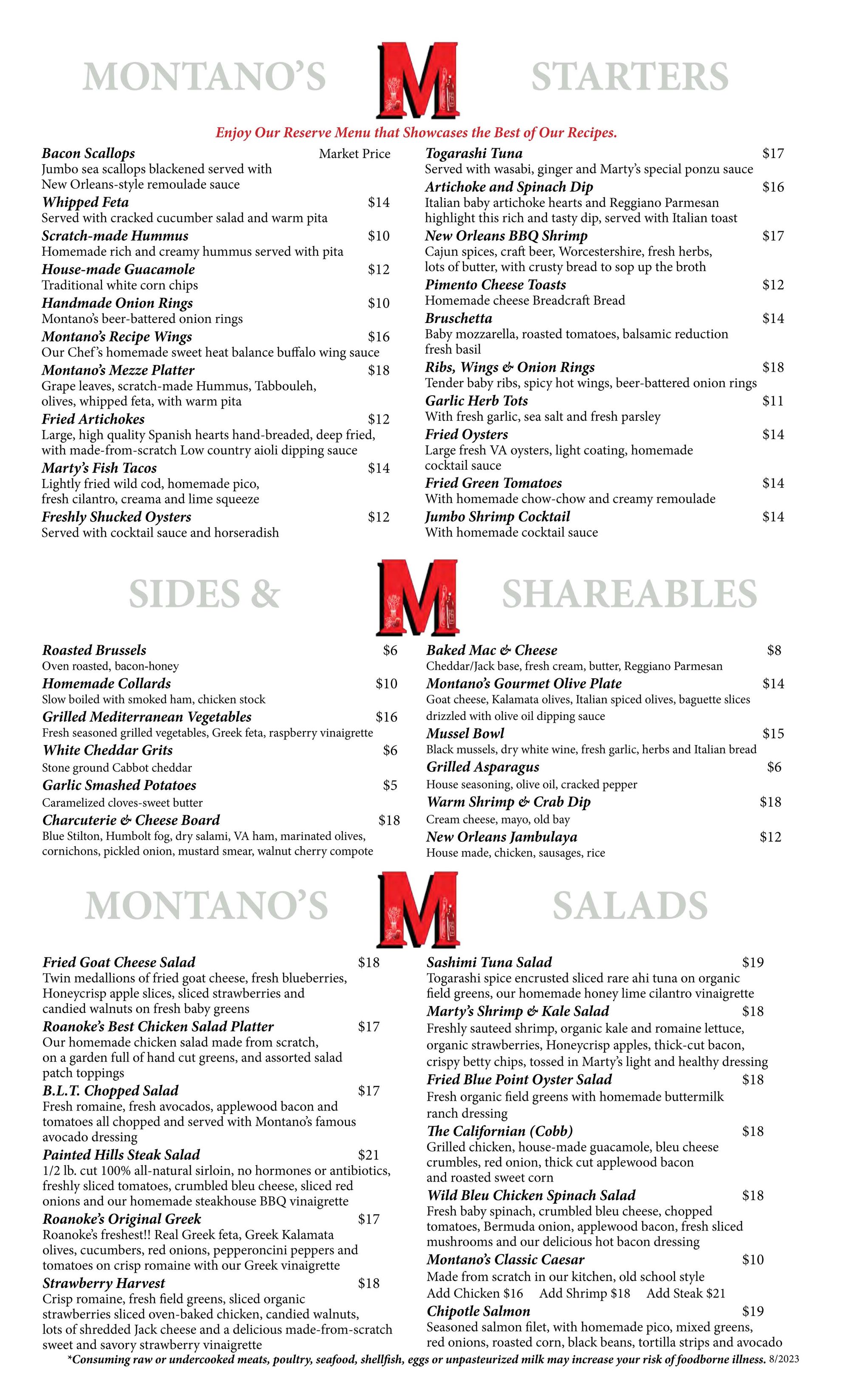 Montano's Dinner Menu