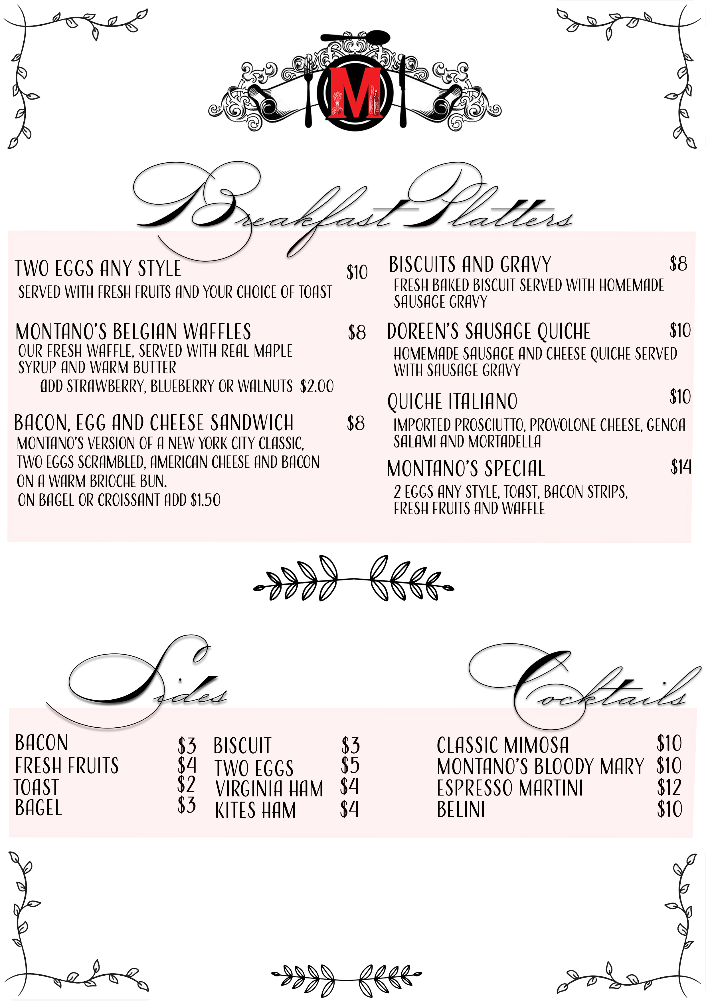 Montano's Breakfast Menu