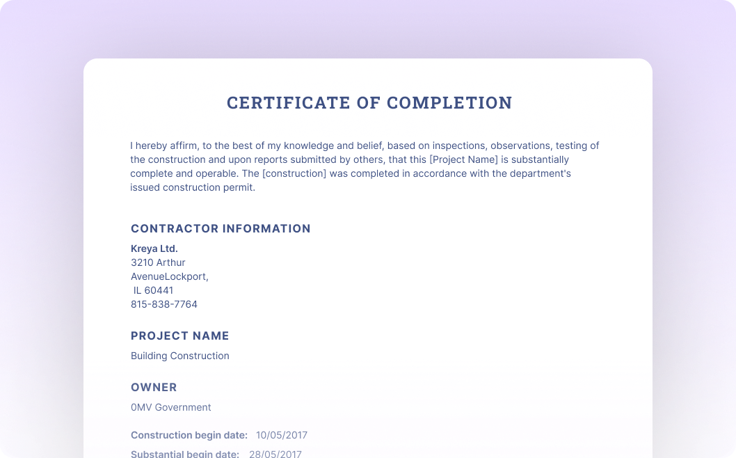 Construction Completion Certificate OCR Automated Workflows Construction Completion Certificate OCR Automated Workflows
