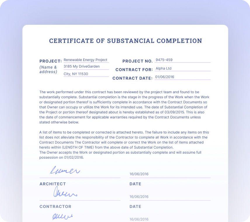 Certificate Of Substantial Completion Template