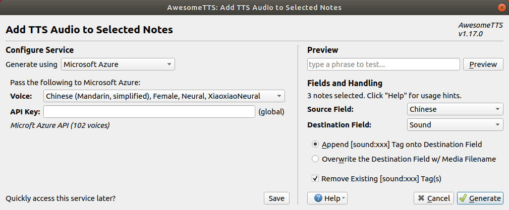 AwesomeTTS: Creating Audio Flashcards in Mandarin or Cantonese