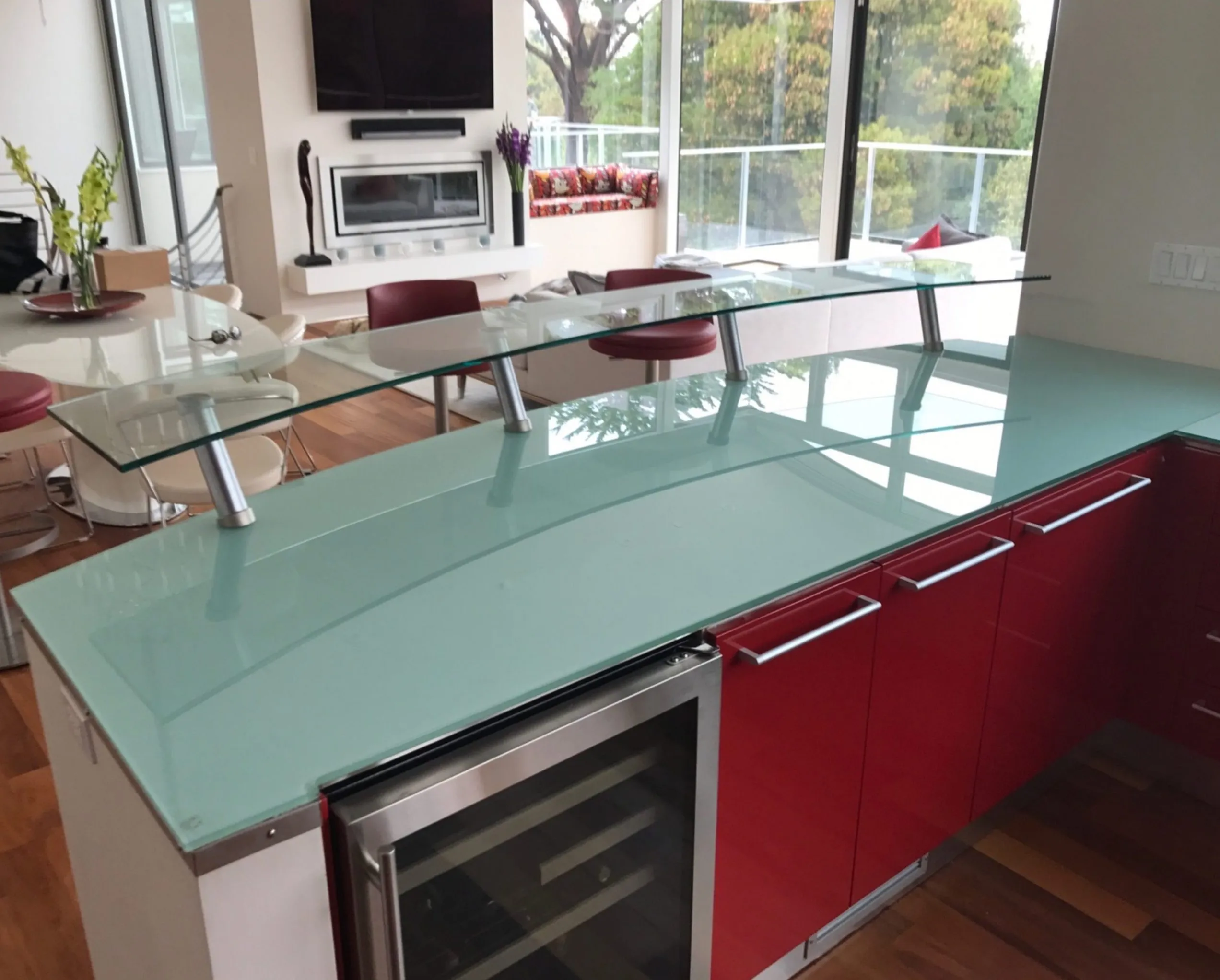 Backpainted Glass Countertop with Glass Breakfast Bar on Stand-offs