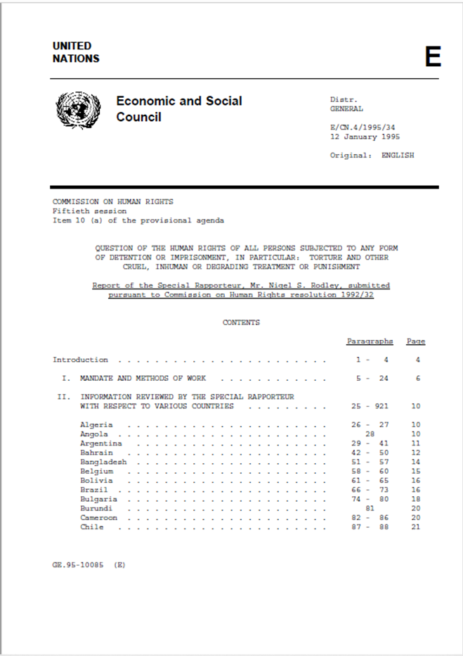 Report Of Un Special Rapporteur On Torture January 1995