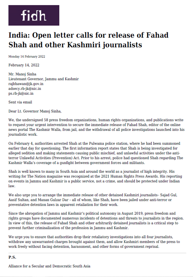 Open letter calling for the release of Fahad Shah and other Kashmiri ...