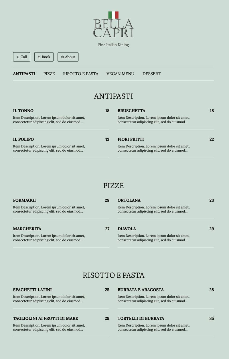 Free Italian Fine Dining Menu Template | Menuzen