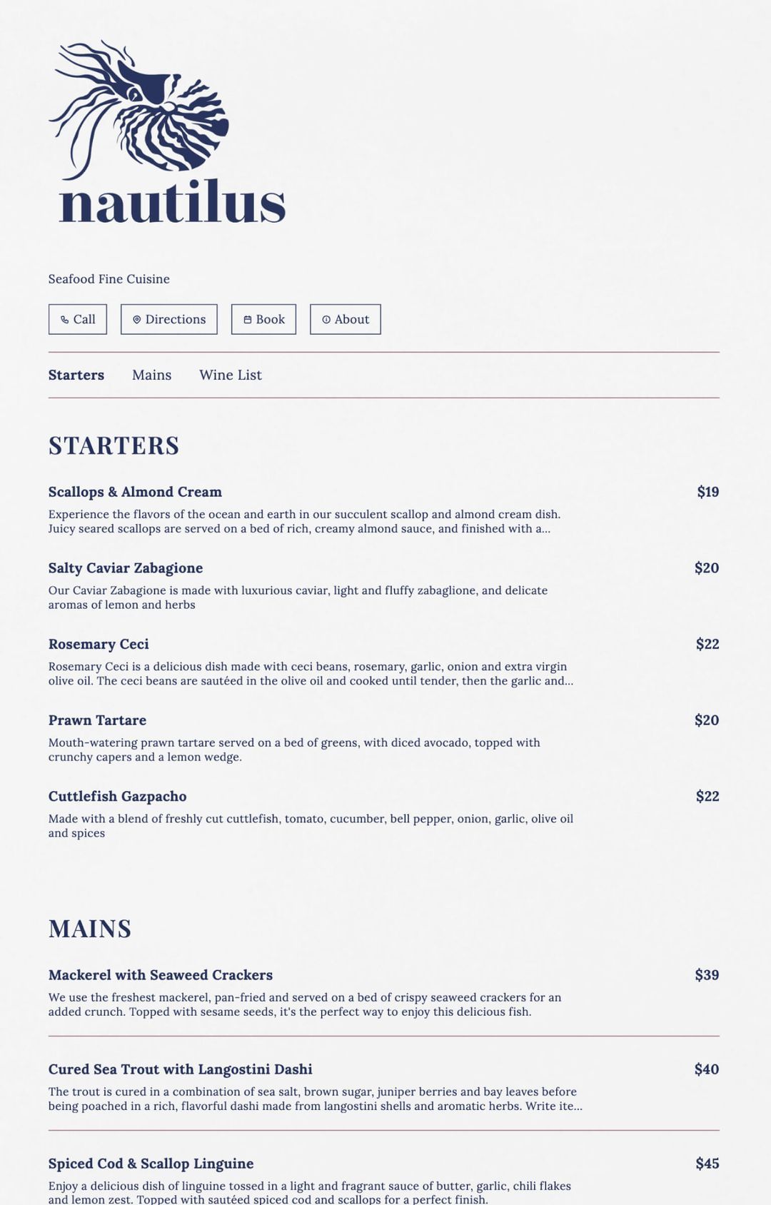 Free Seafood Fine Dining Menu Template | Menuzen